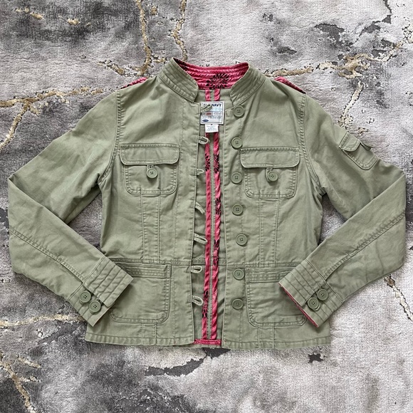 Old Navy | Jackets & Coats | Vintage Old Navy Armygreen Military Jacket With Pink Floral Print ...